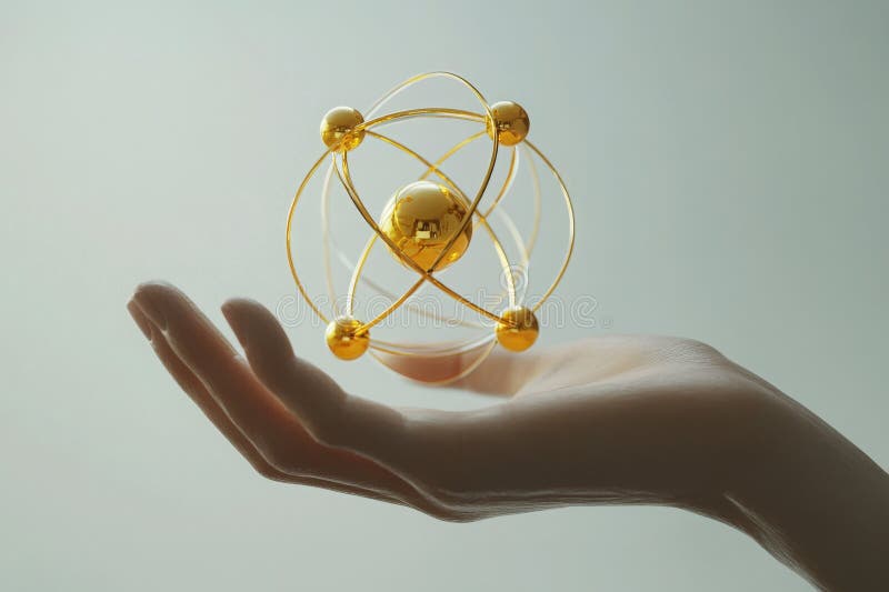 A Detailed Rendering of a Hand Holding a Golden Atomic Model ...