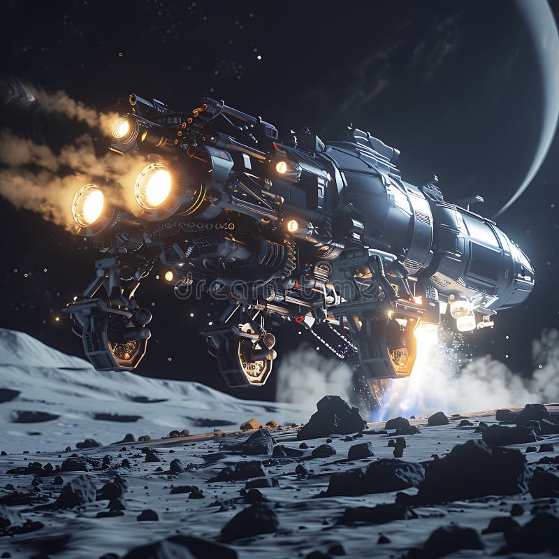 Futuristic Spaceship Landing on a Desolate Lunar Surface Stock ...