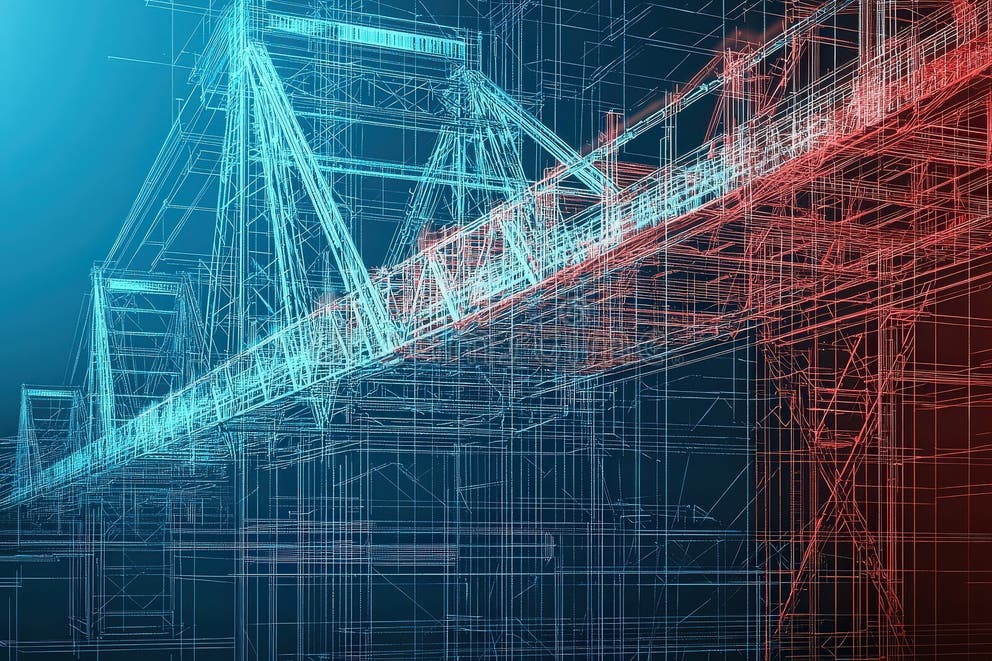3D Wireframe Bridge Design in Blue and Red Against Dark Background ...