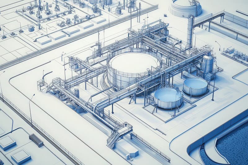Industrial Plant Blueprint Showcasing Intricate Piping and Storage ...