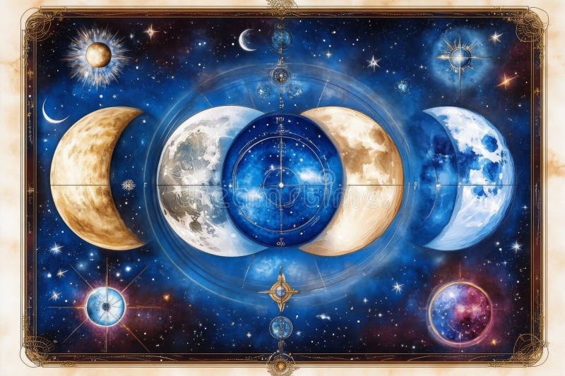 Celestial Bodies and Lunar Phases Illustrated in Map Showcasing ...