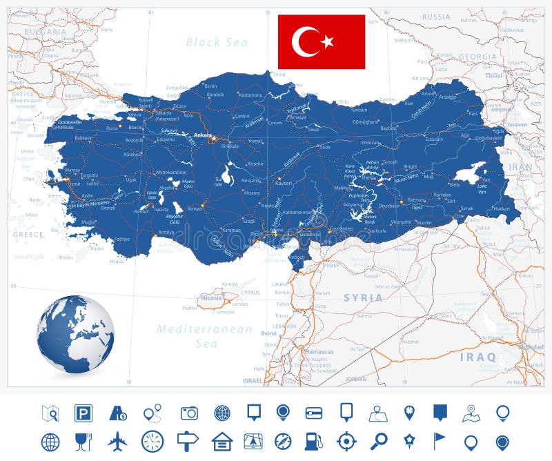 Detailed Road Vector Map of Turkey and Navigation Icons Stock Vector ...