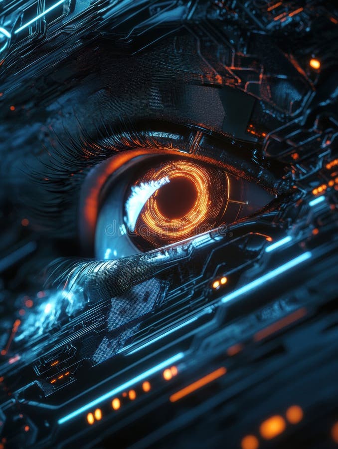 Close Up View of a Glowing Robotic Eye Surrounded by Intricate ...