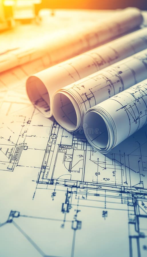 Detailed Rolled Blueprints Displayed on a Table, Ready for ...