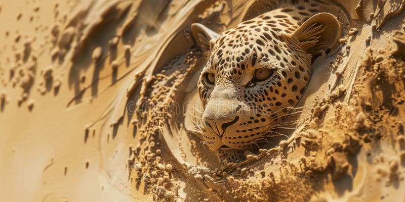 A Detailed Sand Sculpture Depicting a Leopard Head with Intricate ...