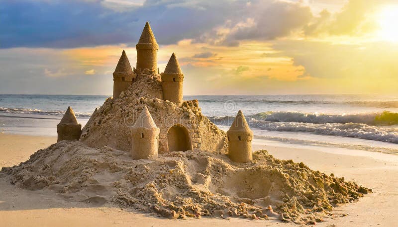 Detailed Sandcastle on the Shore with the Glow of the Setting Sun ...