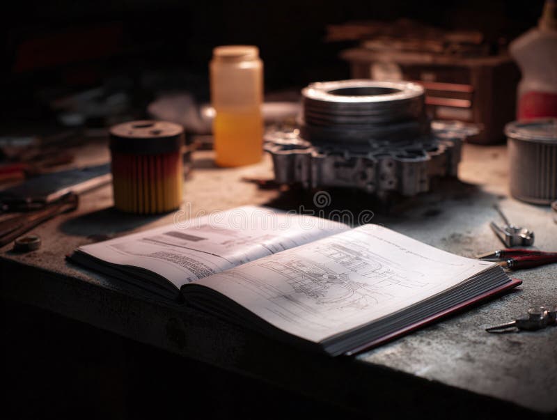 Detailed Schematic Diagram in Open Book on a Workbench with Parts and ...