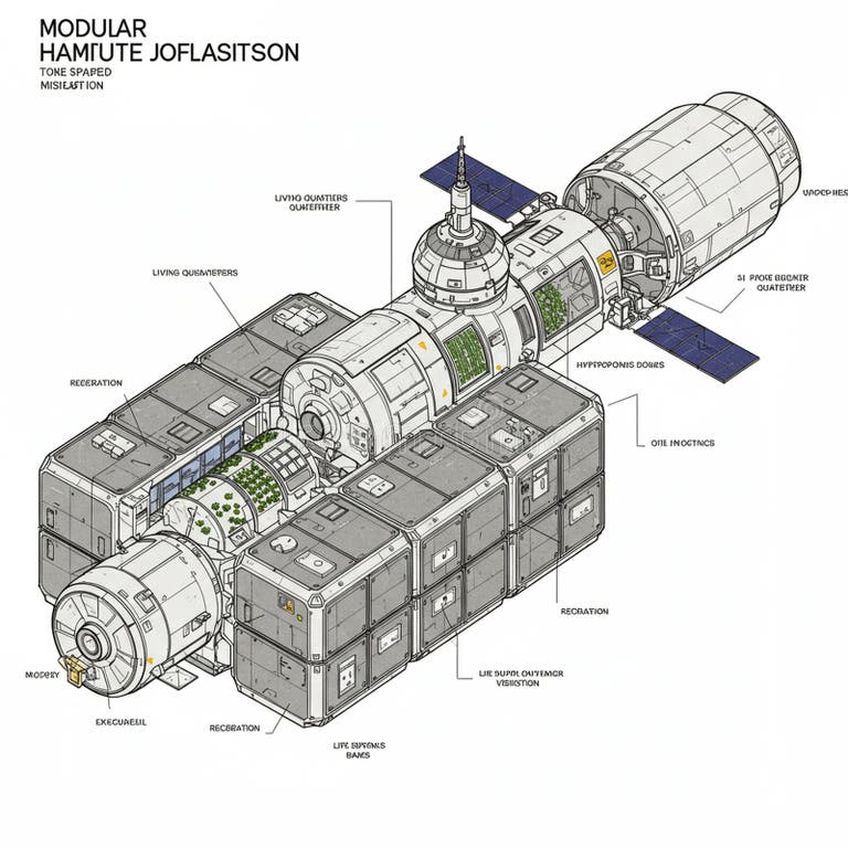 Detailed Schematic of a Modular Space Station, Featuring Various ...