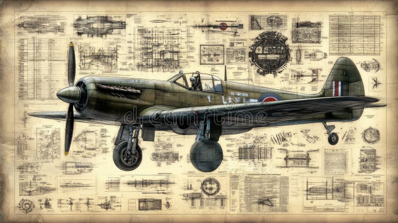 Detailed Schematic Representation of a Spitfire Fighter Aircraft with ...