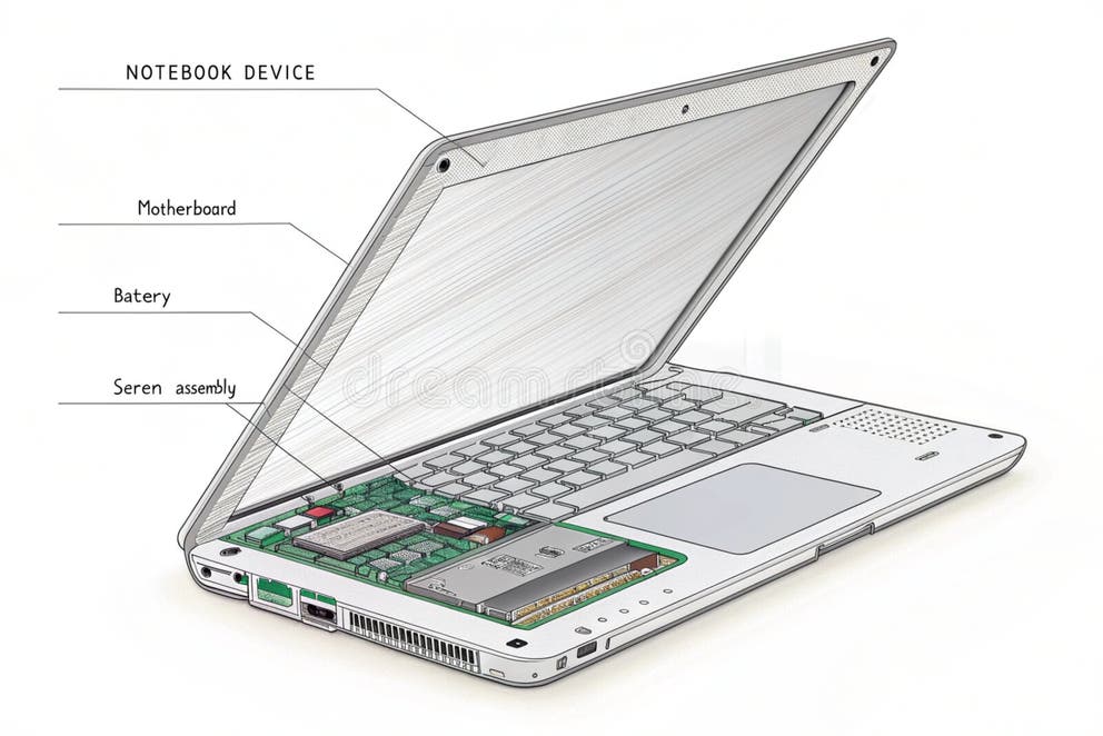 Detailed Schematic Sketch of a Slim Notebook Device with Precise ...