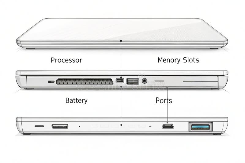 Detailed Schematic Sketch of a Slim Notebook Device with Precise ...