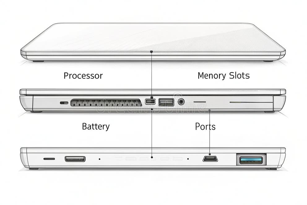 Detailed Schematic Sketch of a Slim Notebook Device with Precise ...