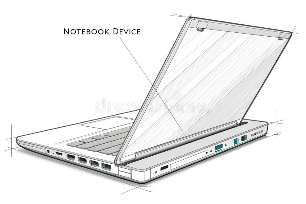 Detailed Schematic Sketch of a Slim Notebook Device with Precise ...