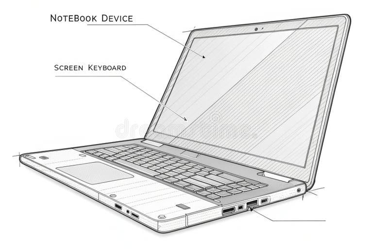 Detailed Schematic Sketch of a Slim Notebook Device with Precise ...