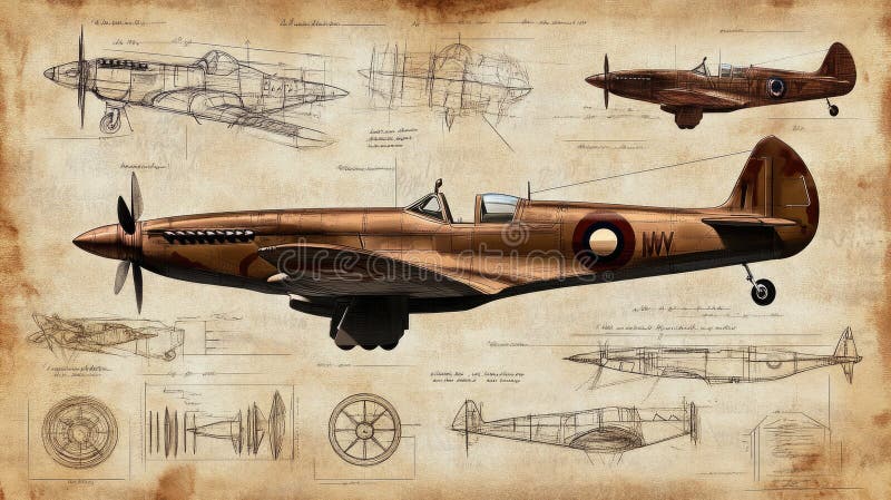 Detailed Schematic of a Spitfire Fighter Aircraft Showcasing Design ...
