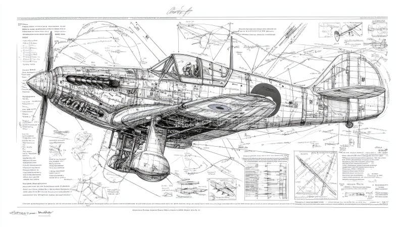 Detailed Schematic of a Spitfire Fighter Aircraft Showcasing Design and ...