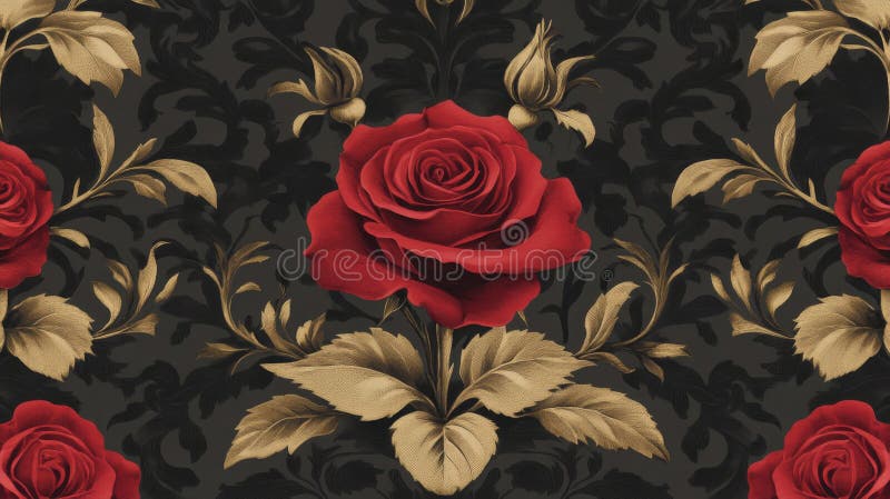 Detailed Seamless Red Rose Pattern with Gold Leaves on Dark Damask ...