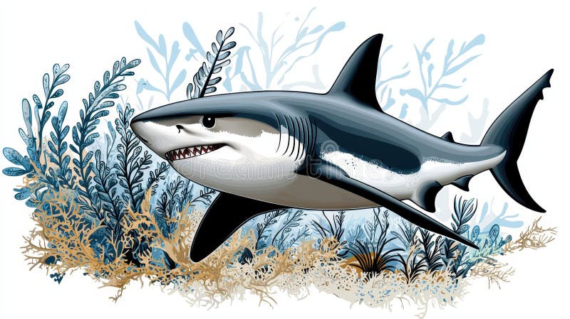 Detailed Shark Swimming through Vibrant Underwater Vegetation ...
