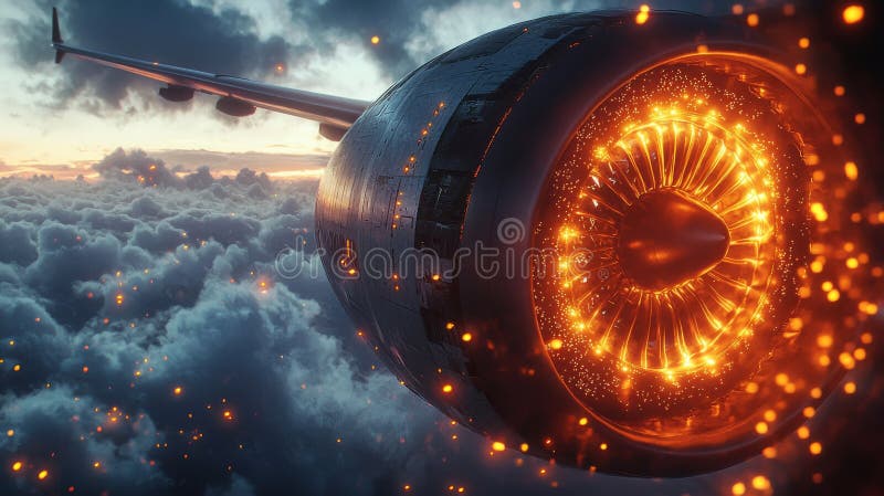 A Detailed Shot of an Airplane Engine, Glowing in the Sunset, High ...