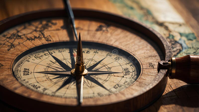 A Detailed Shot of a Compass and Map on a Wooden Table Stock ...