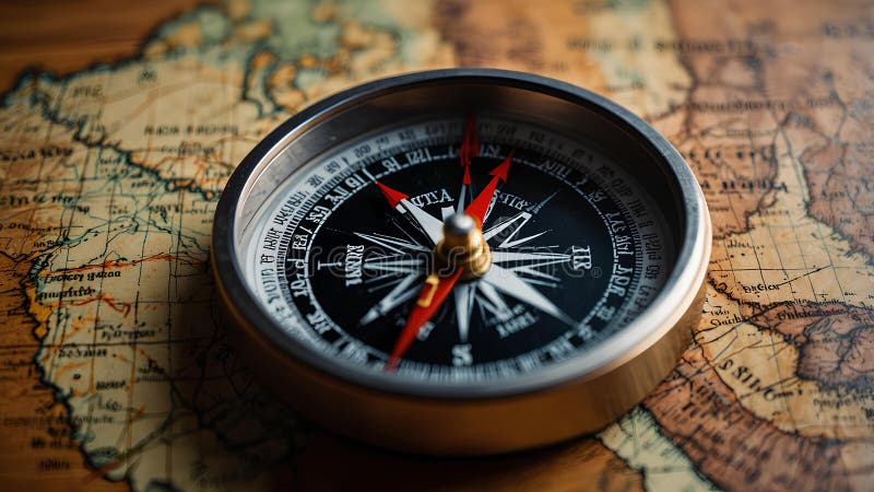 A Detailed Shot of a Compass and Map on a Wooden Table Stock ...