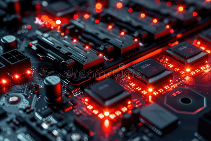 Detailed Shot of a Computer Motherboard with Red Lights. Perfect for ...