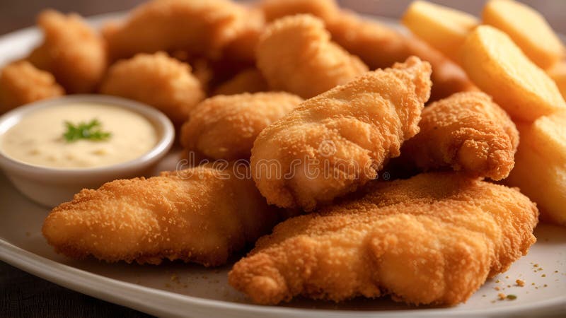 Detailed Shot of a Crispy Coated Batter Chicken with Sauce on a Plate ...