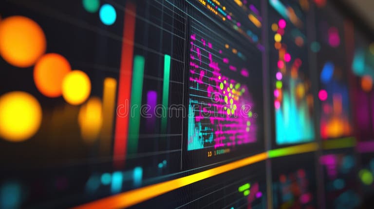 A Detailed Shot of a Data Analytics Workstation Featuring Multiple Monitors Showcasing ...