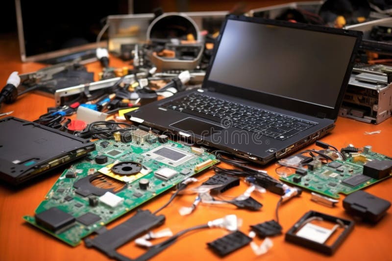 A Detailed Shot of a Disassembled Laptop on a Workshop Table Stock ...