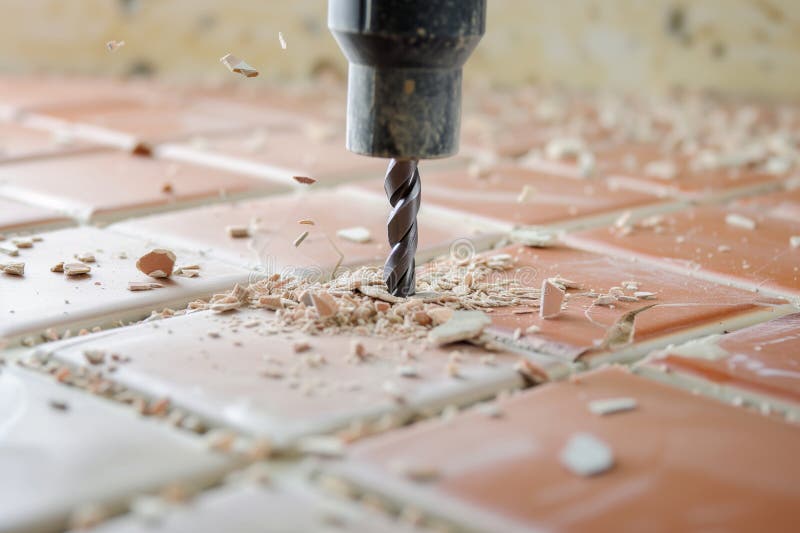 Detailed Shot of Drill Bit Touching Ceramic Tile, Tiny Fragments Around ...