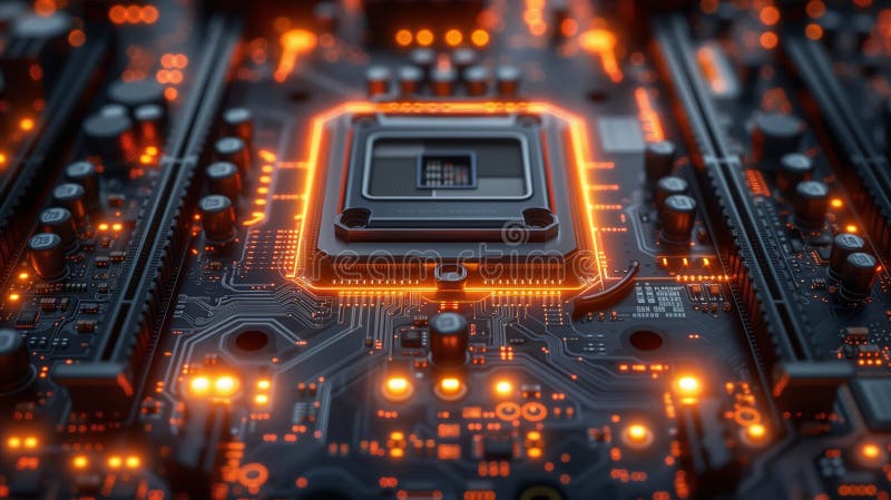 A Detailed Shot of an Electric Blue Computer Chip on a Motherboard ...