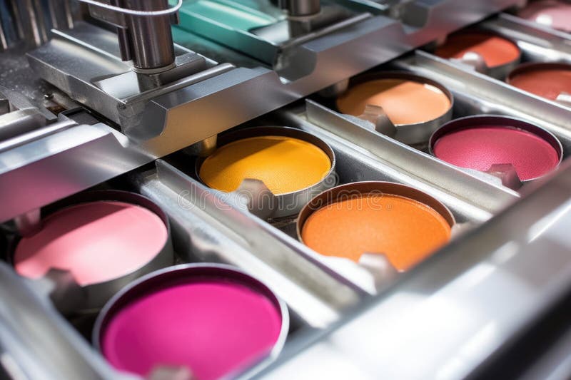 Detailed Shot of Eyeshadow Pans Being Pressed by Automated Machine ...