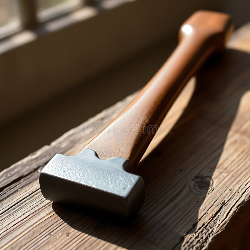 A Detailed Shot of a Hammer with a Glossy Wooden Handle on a Rustic ...