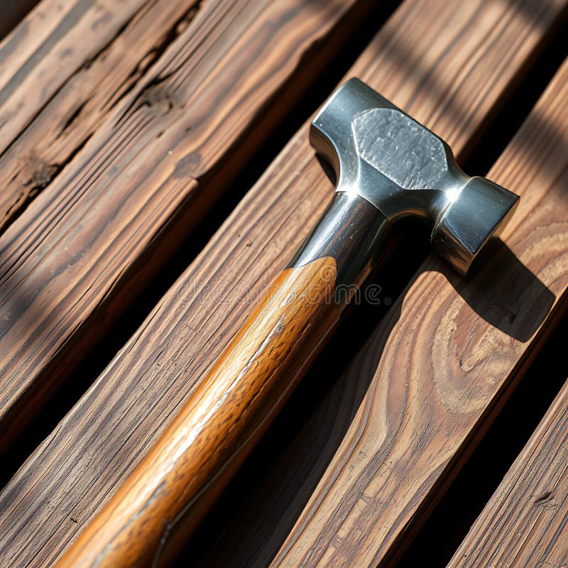 A Detailed Shot of a Hammer with a Glossy Wooden Handle on a Rustic ...