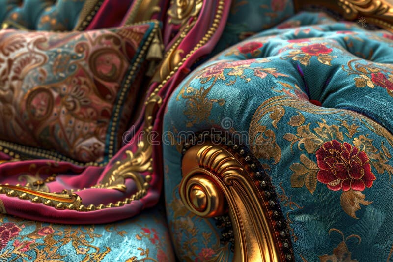 Detailed Shot of a Luxurious Blue and Gold Couch, Perfect for Interior ...