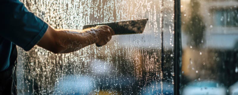 Close-up of a Man Cleaning Windows with a Squeegee on a Sunny Day ...