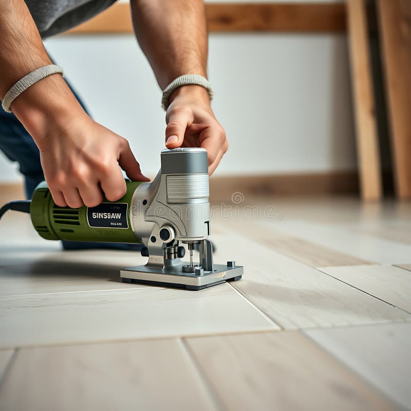 A Detailed Shot of a Professional Using a Jigsaw To Cut Flooring Tiles ...
