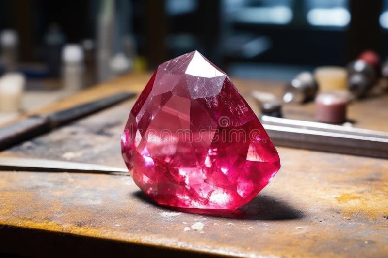 Detailed Shot of a Ruby Resting on a Workshop Table Bathed in Natural ...