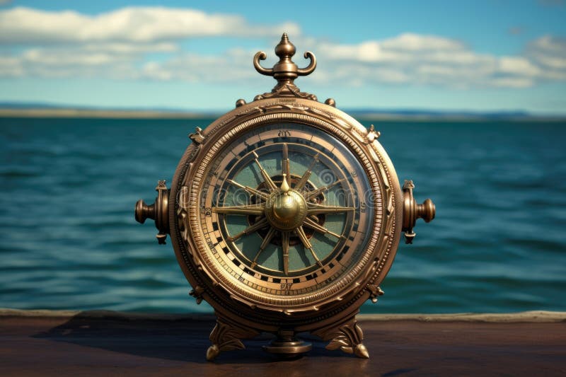 Detailed Shot of a Ships Compass with Sea Horizon in the Background ...