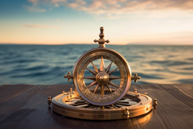 Detailed Shot of a Ships Compass with Sea Horizon in the Background ...