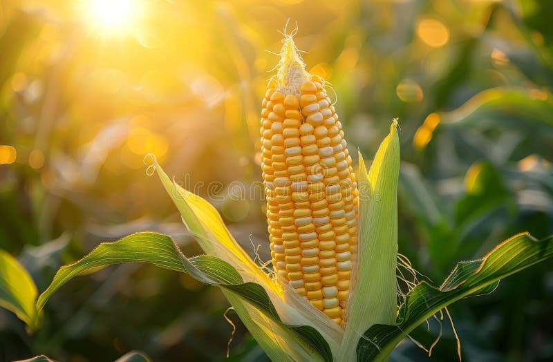 Close-up of Single Ear of Corn Growing in a Sunny Field with Warm ...