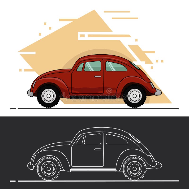 Detailed Side of a Flat Red Old Vintage Car Cartoon with Lighting and ...