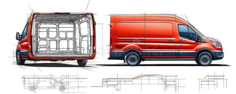 Detailed Side View Illustrations of a Vintage Red and White Van Stock ...