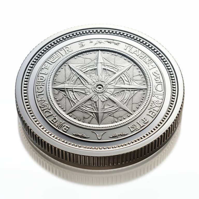 Detailed Silver Coin with Compass Design on a White Background Stock ...