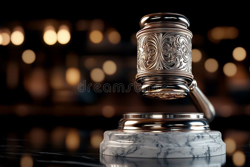A Detailed Silver Gavel with Ornate Patterns Rests on a Marble Base ...