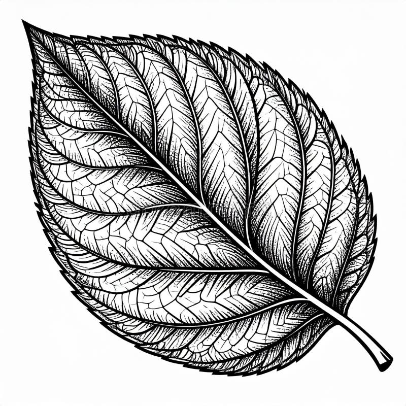 Detailed Single Leaf Drawing in Black and White Botanical Illustration ...