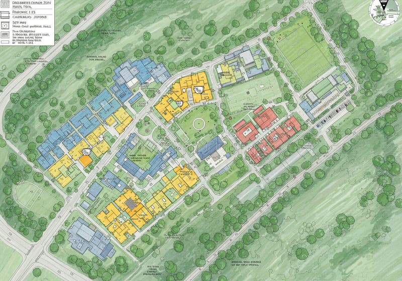 A Detailed Site Plan Depicting a Campus Layout with Color-coded ...