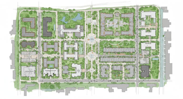 A Detailed Site Plan Features Multiple Rectangular and L-shaped Buildings Arranged in a Stock ...