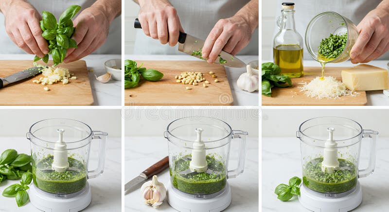 Making Pesto: a Step-by-Step Guide Showing Fresh Basil, Garlic ...