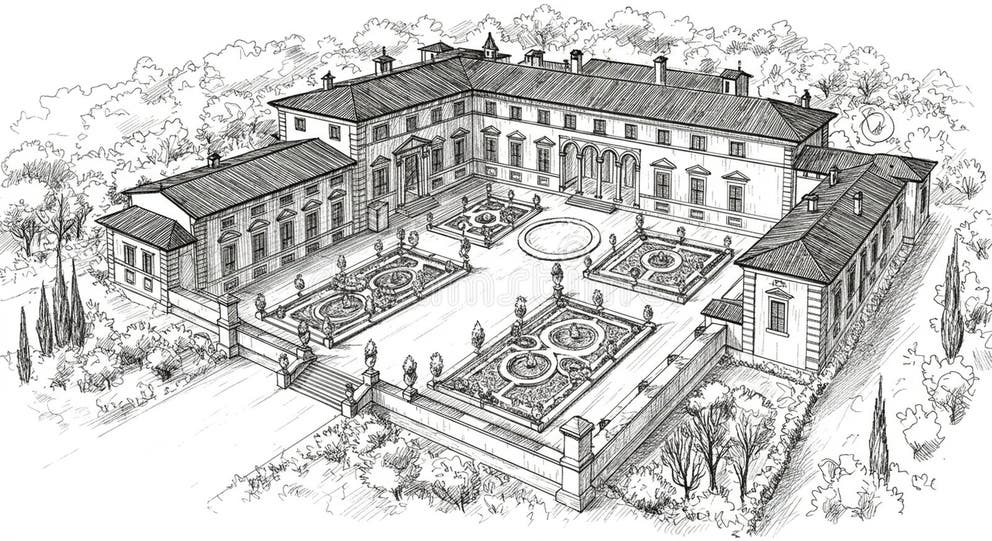 Detailed Sketch of a Classical Mansion with a Rectangular Layout ...